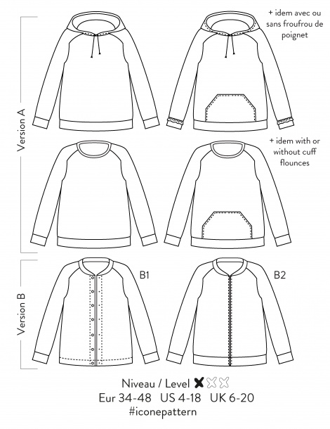 Icone sweatshirt, sweat or cardigan sewing pattern paper version with ...